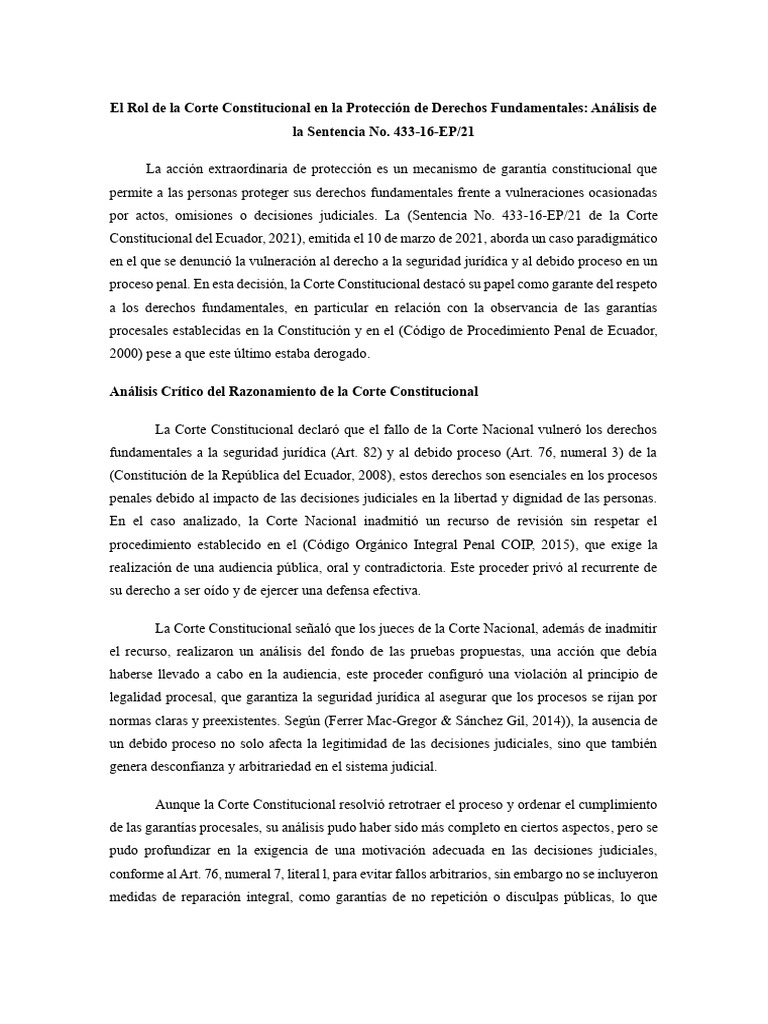 El Rol de La CC en La PDF Análisis de La Sentencia No 433-16-EP-21 JABE | PDF | Debido al ...