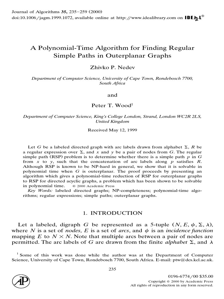A Polynomial-Time Algorithm For Finding Regular Simple Paths in Outerplanar Graphs | PDF ...