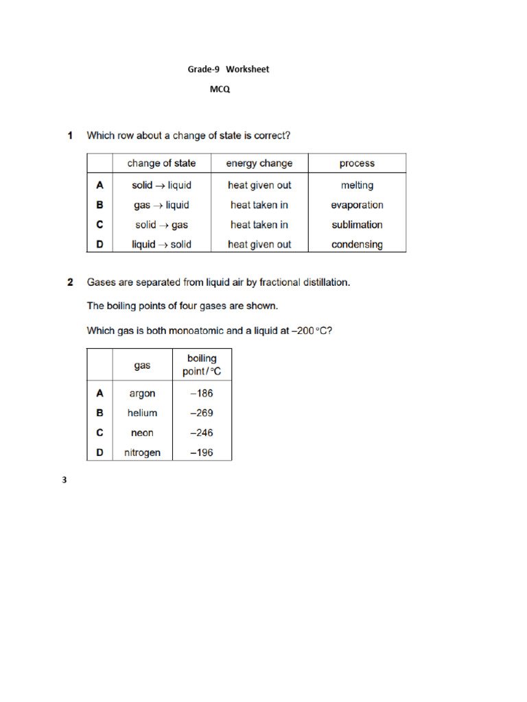 Grade 9 Science MCQ Worksheet | PDF