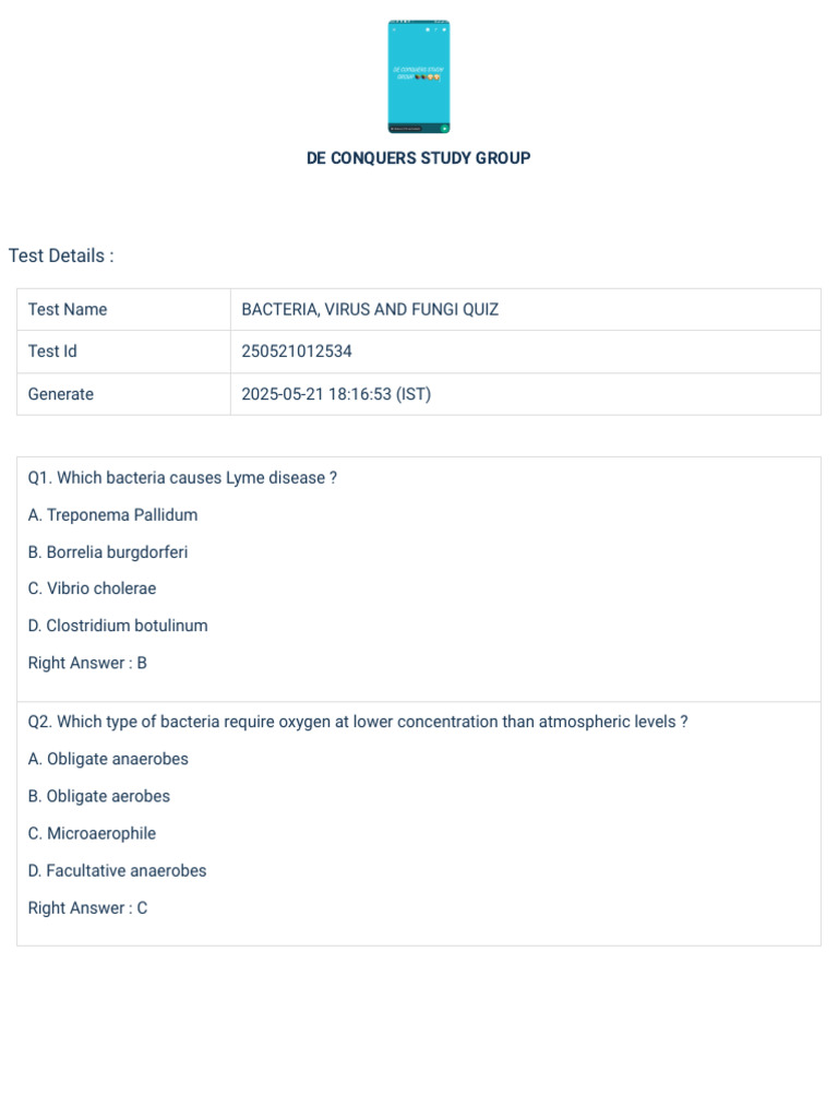 BACTERIA, FUNGI AND VIRUS QUIZ ANSWERS | PDF | Fungus | Virus