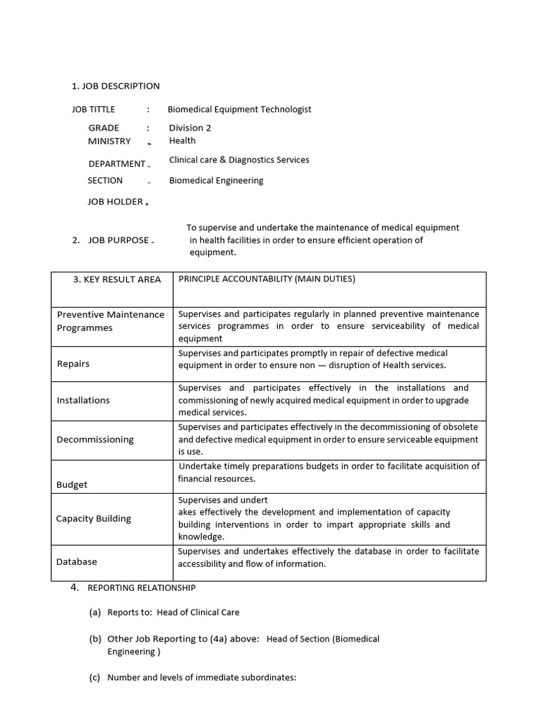 Biomedical Engineering Job Description-1 | PDF | Medical Device ...