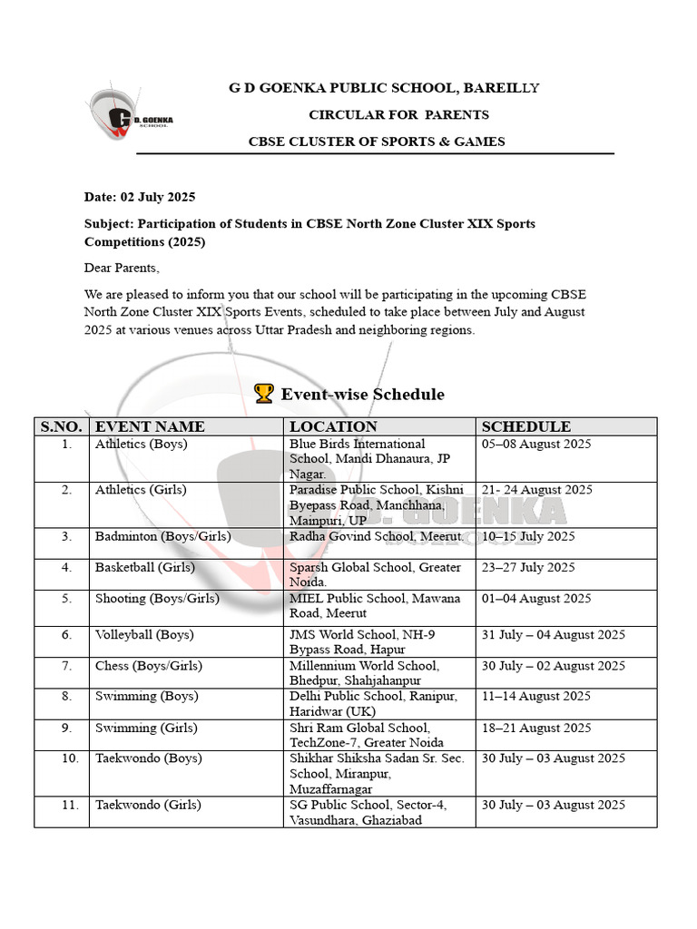 CBSE Cluster Sports Schedule 2025 | PDF | Chess | Chess Theory