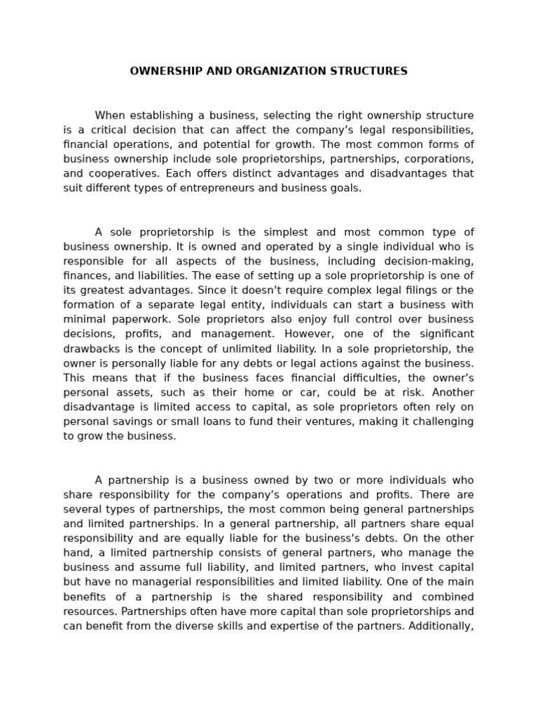 ESSAY - Ownership and Organization Structures | PDF | Partnership ...