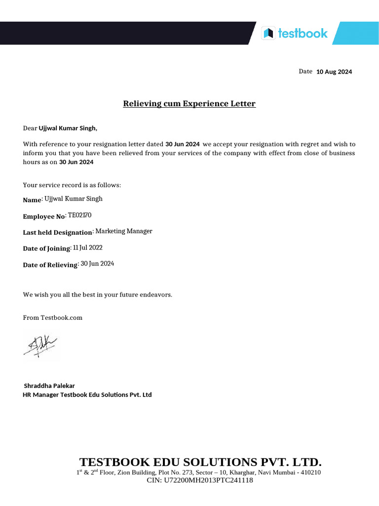 Relieving Letter - Ujjwal Kumar Singh (TE02170) | PDF
