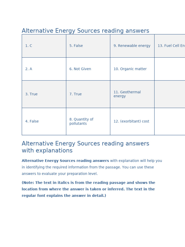 Alternative Energy Sources Reading Answers Ielts Practise Test 5 | PDF ...
