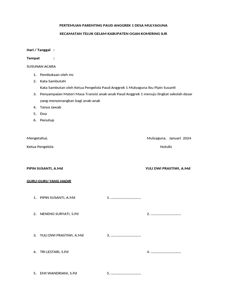 Pertemuan Parenting Paud Anggrek 1 Desa Mulyaguna | PDF