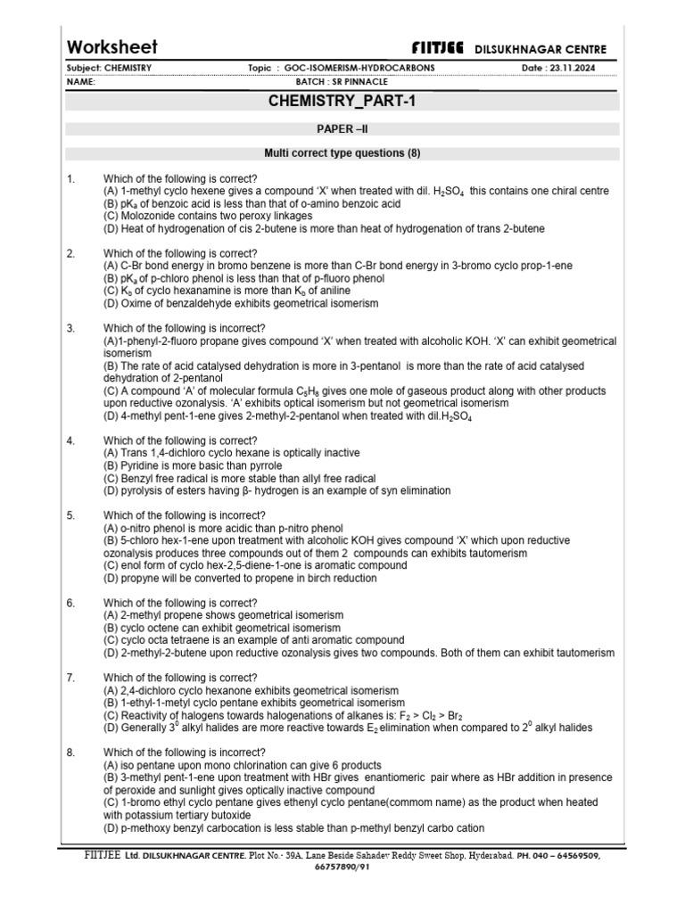 Chemistry Worksheet on Isomerism and Hydrocarbons | PDF | Alkene | Isomer