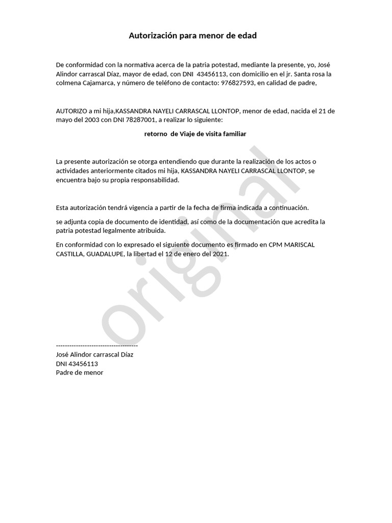 Autorización Para Menor de Edad | PDF