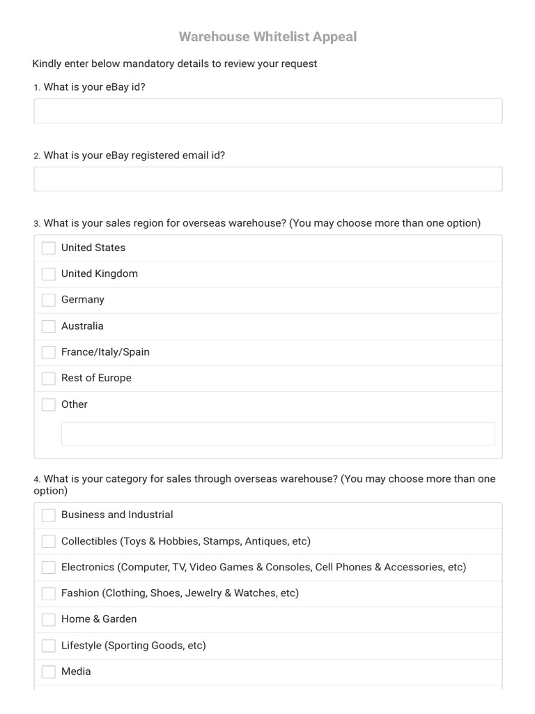eBay Warehouse Whitelist Request Form | PDF