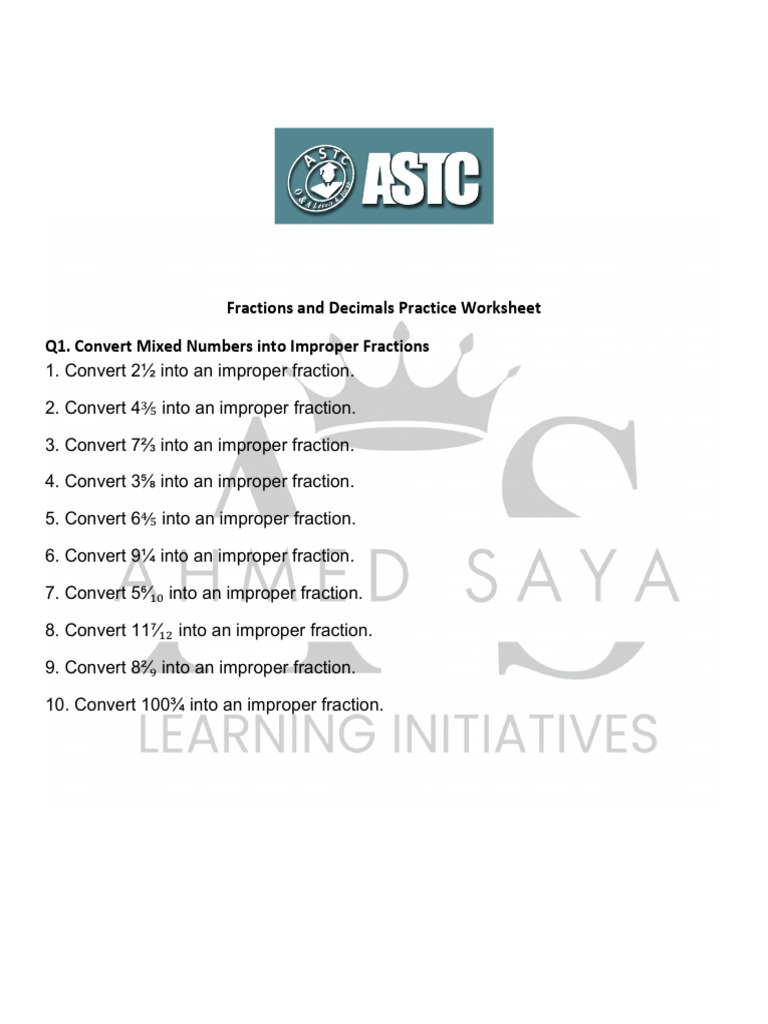 Fractions and Decimals H.W 1 | PDF