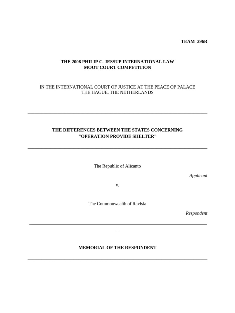 Sample Memorial For Respondent | PDF | International Law | United Nations