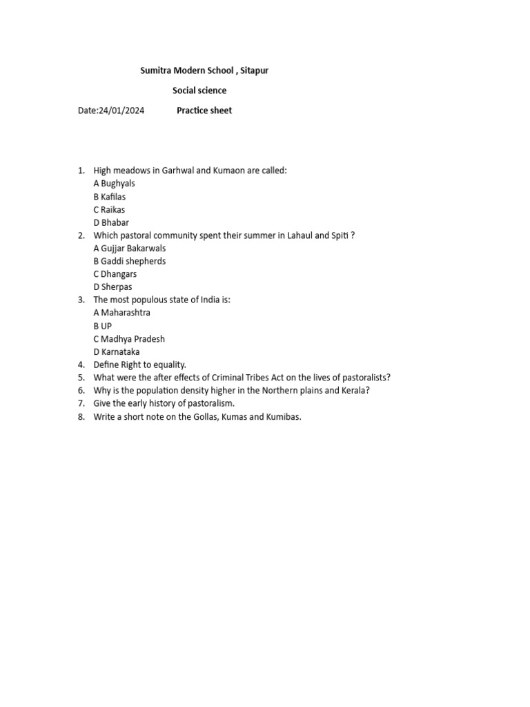Social Science Practice Sheet for Students | PDF
