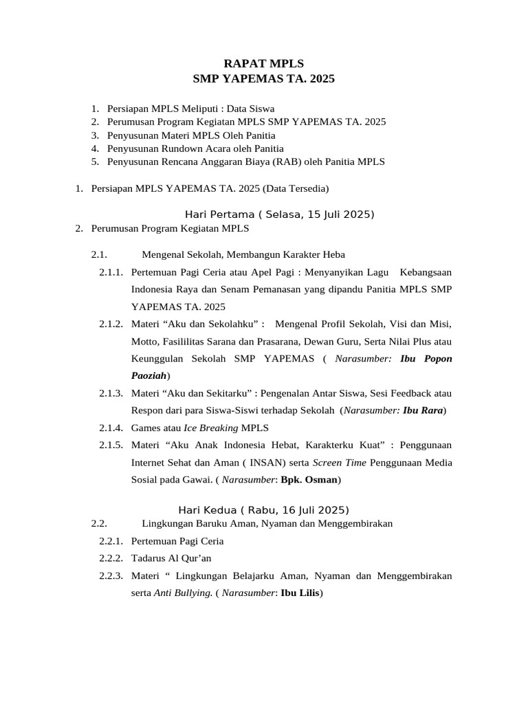 Rundown Kegiatan Mpls Smp Yapemas Ta 2025 | PDF