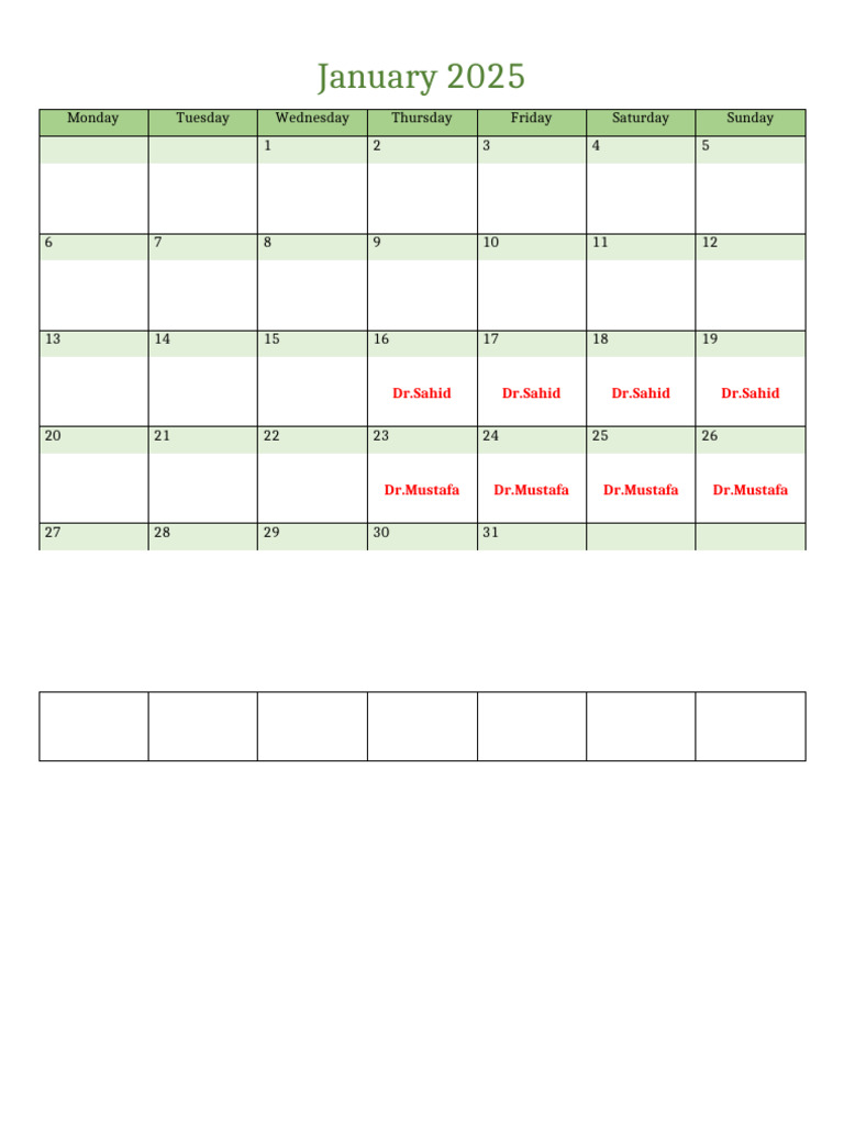 2025 01 January Calendar Green Monday Start en | PDF