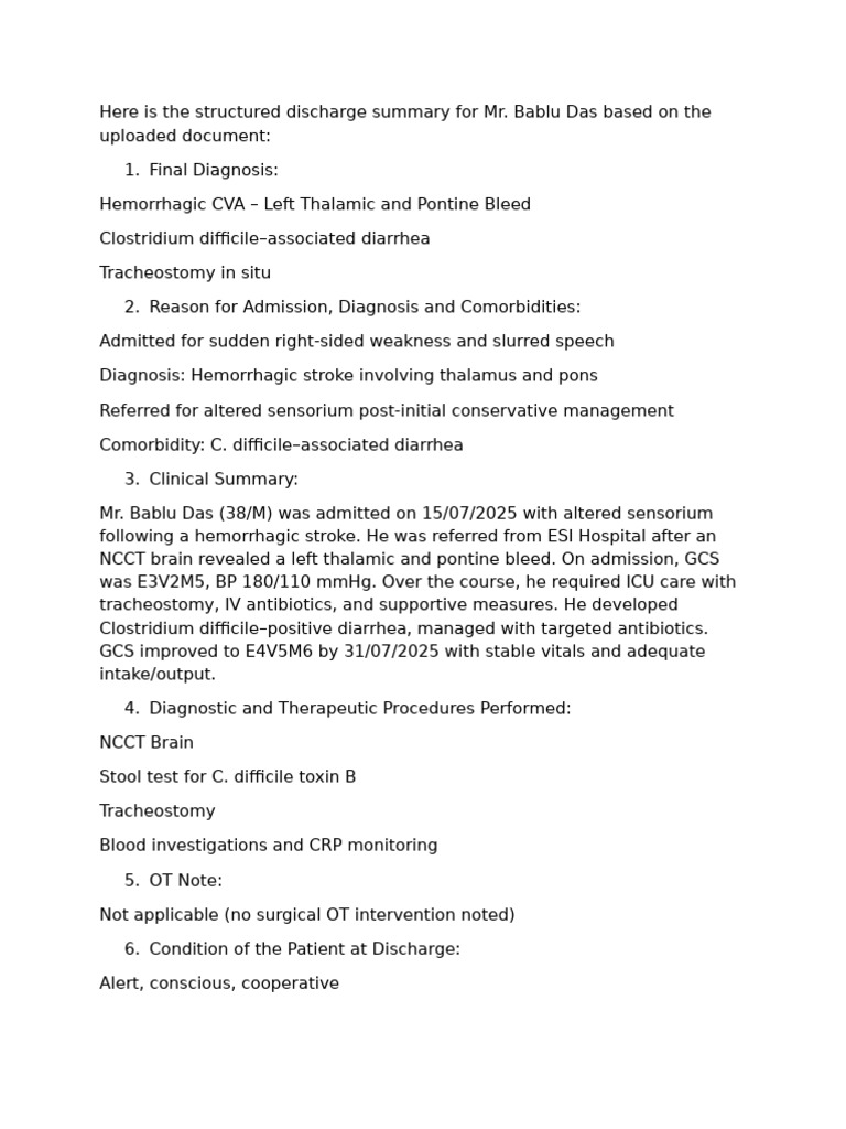 4238 Discharge Summary | PDF | Diarrhea | Stroke