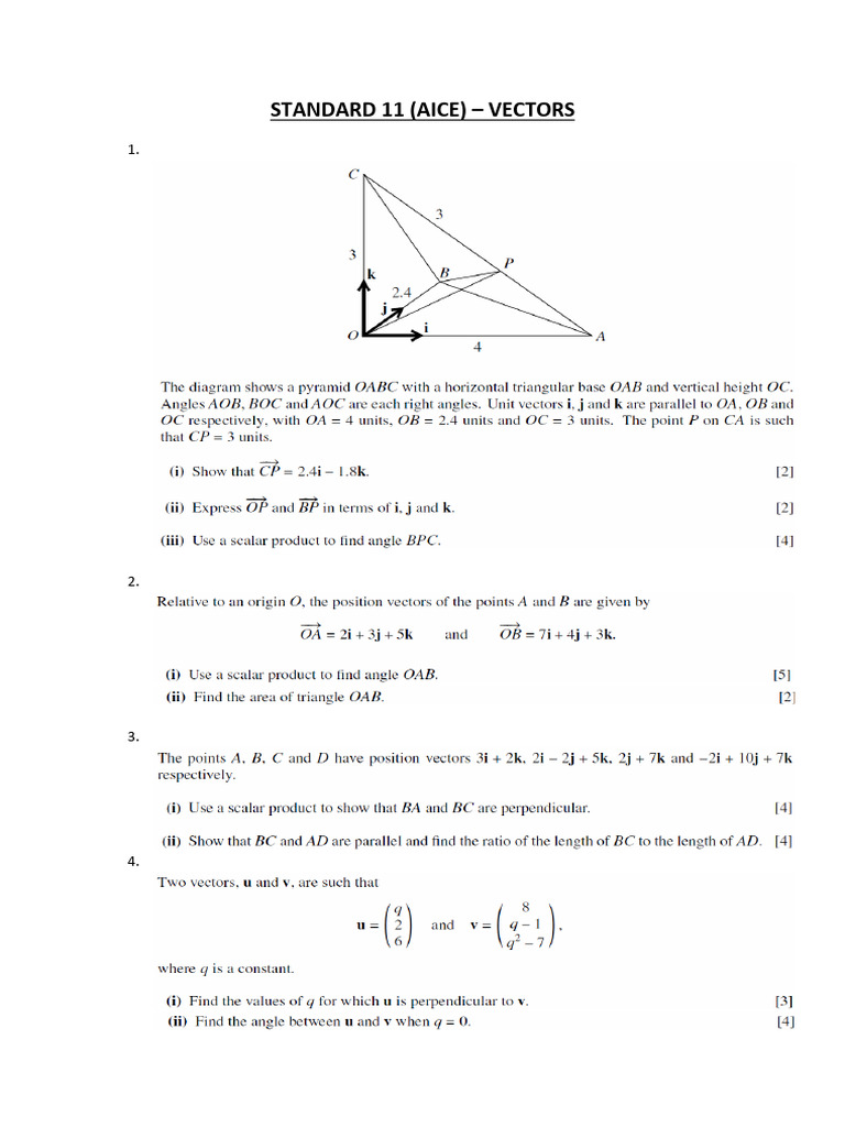 AICE Standard 11 Vectors Answer Key | PDF