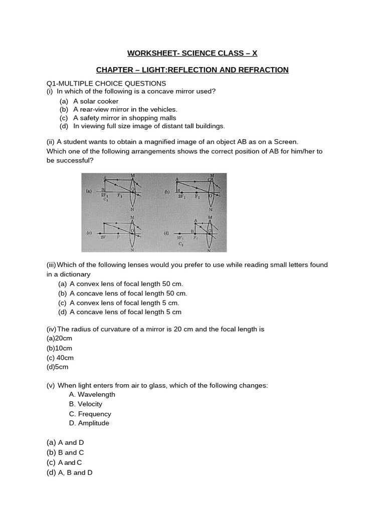 Class 10 Physics: Light Concepts Worksheet | PDF | Mirror | Reflection ...