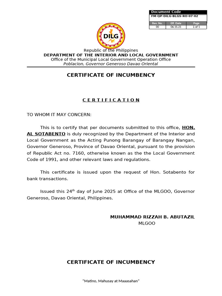 R11 FM Certificate of Incumbency (TEMPLATE) | PDF | Government | Justice