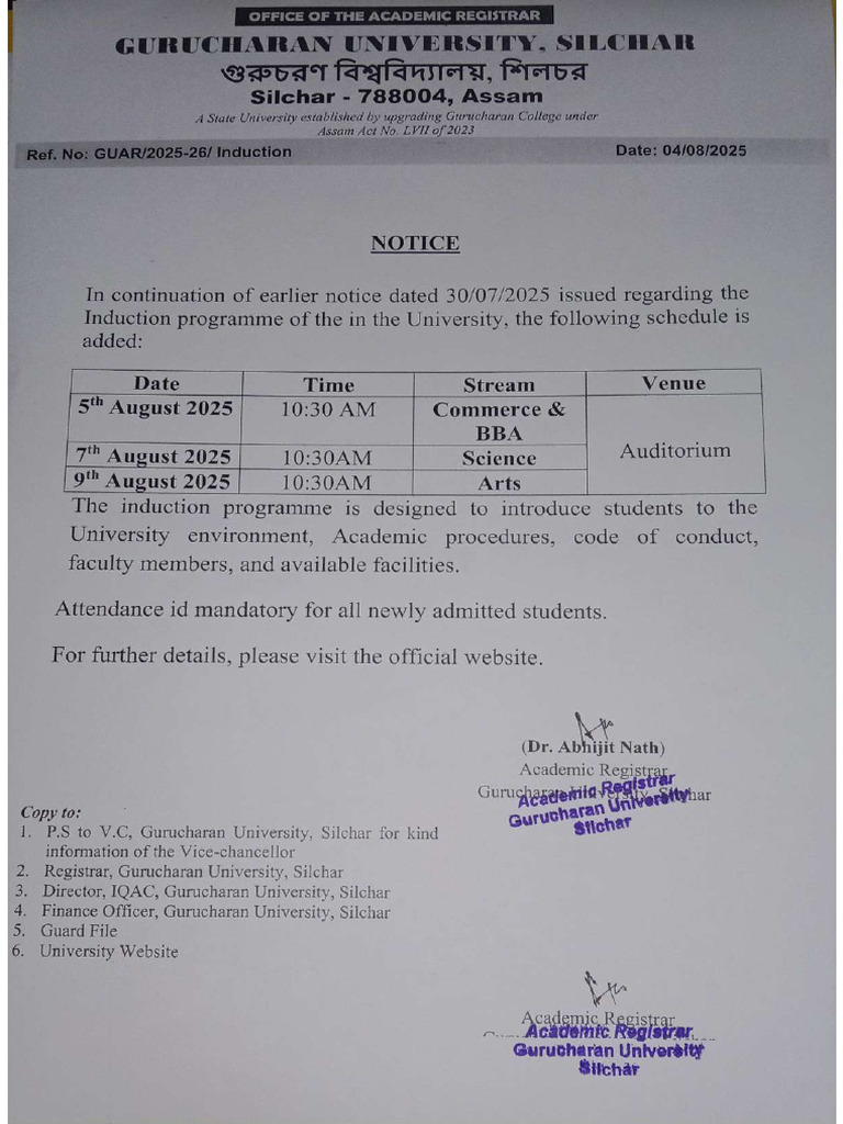 Notice Regarding Schedule For The Induction Program | PDF
