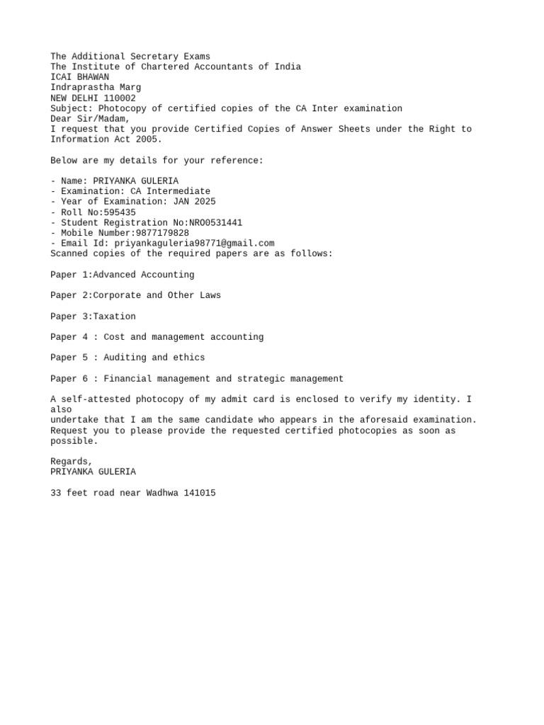 Request for CA Inter Exam Answer Copies | PDF
