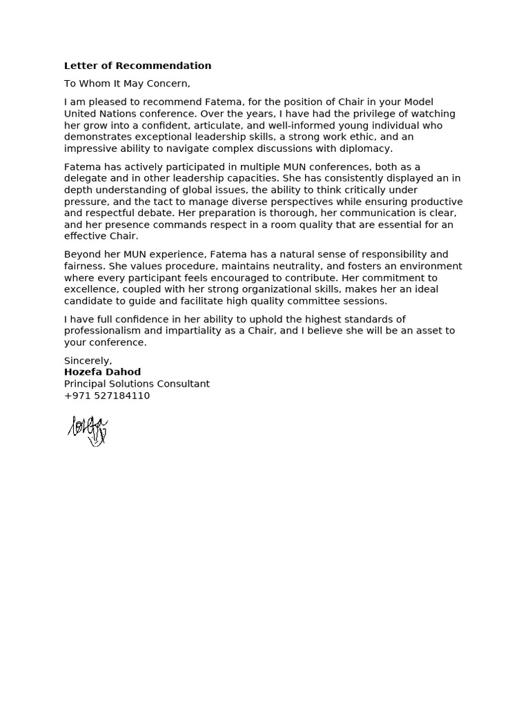 Recommendation for MUN Chair Fatema | PDF