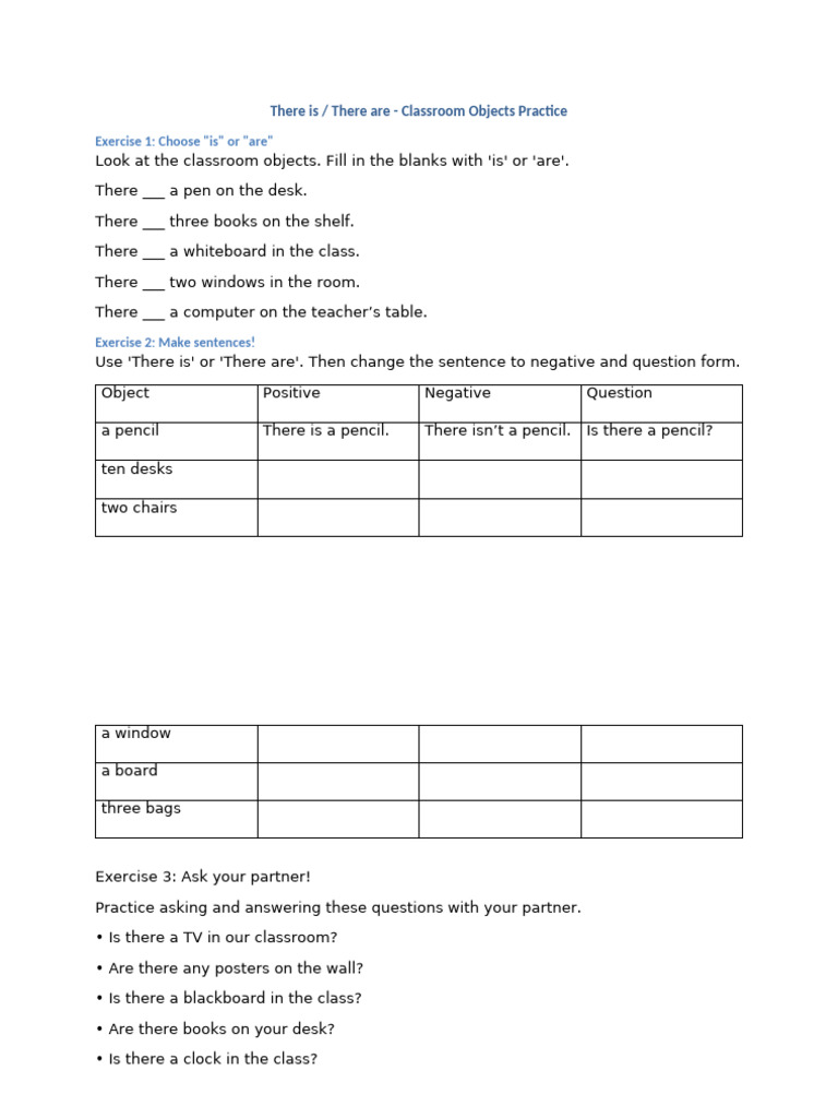 Classroom Objects: There Is/Are Exercises | PDF