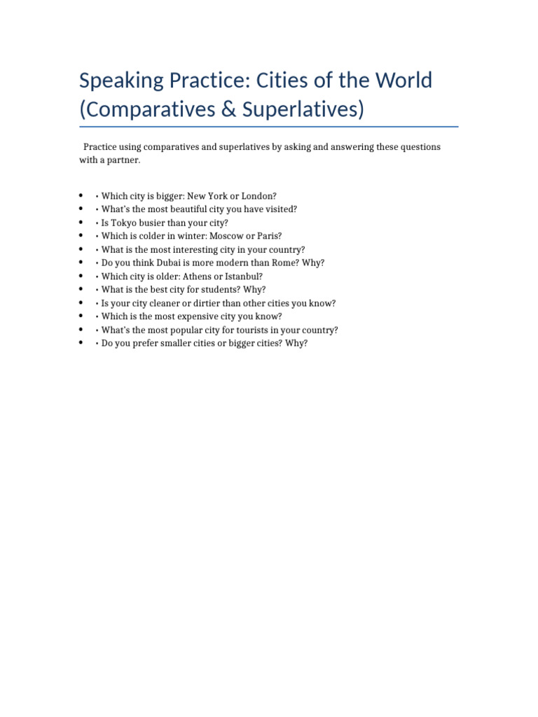 Cities Comparatives Speaking Questions | PDF