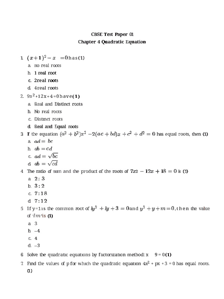 CBSE Quadratic Equation Test Paper | PDF | Quadratic Equation | Speed