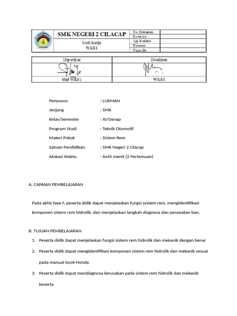 Perangkat Ajar Sistem Rem Kelas Xi | PDF