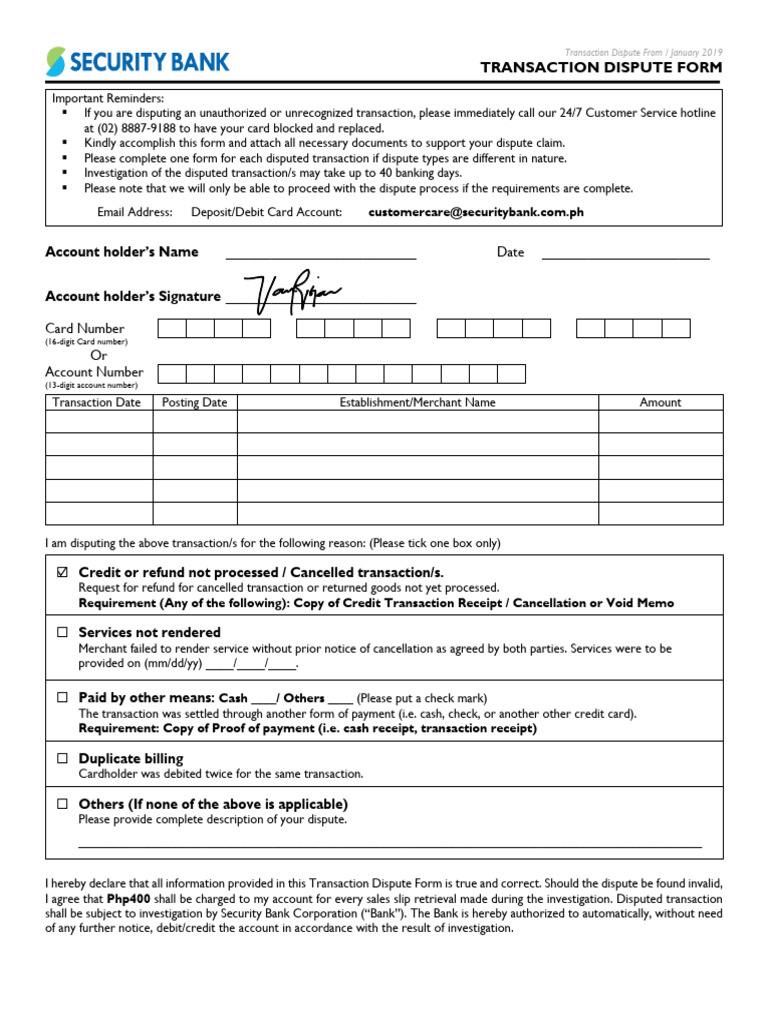 Transaction Dispute Form Instructions | PDF | Credit Card | Debit Card