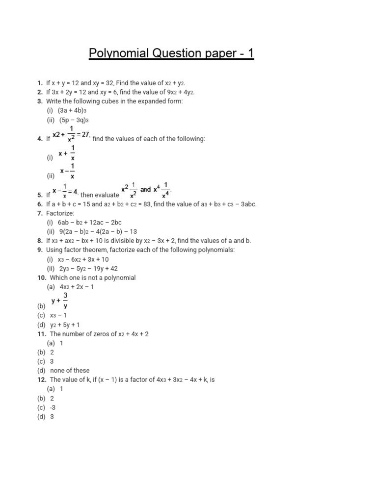 Polynomial Question Paper - Grade 1 | PDF