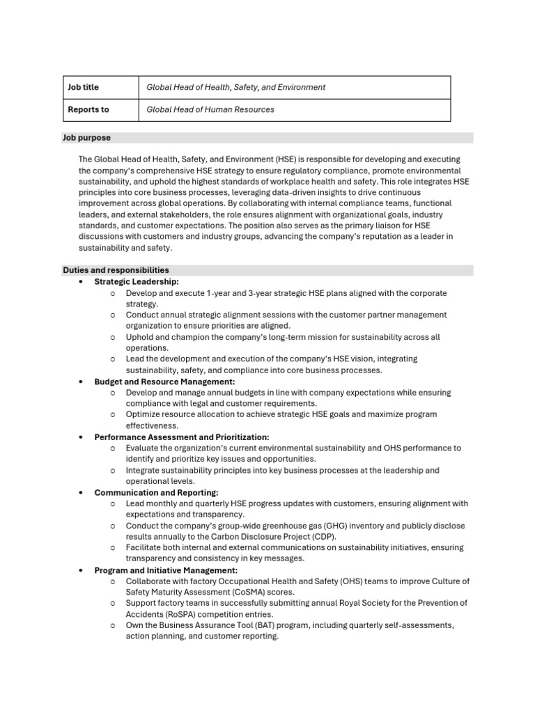 Global HSE Director Role Overview | PDF | Occupational Safety And ...