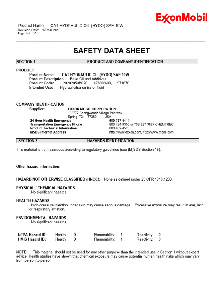 CAT Hydraulic Oil SAE 10W MSDS | PDF | Firefighting | Safety