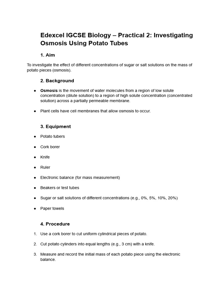Edexcel IGCSE Biology - Practical 2 - Investigating Osmosis Using Potato Tubes | PDF | Osmosis ...