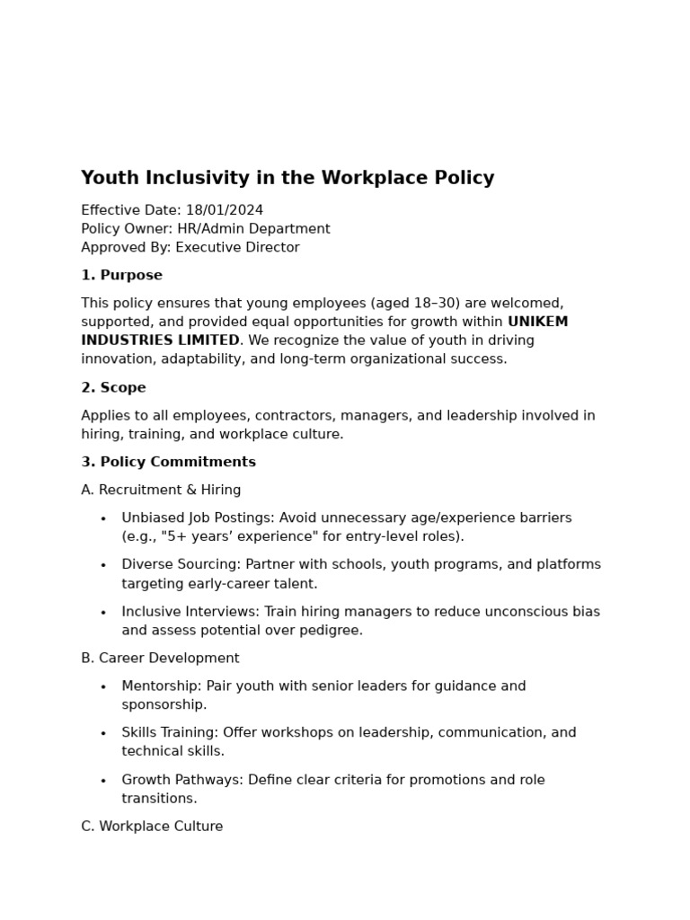 Youth Inclusivity Workplace Policy | PDF