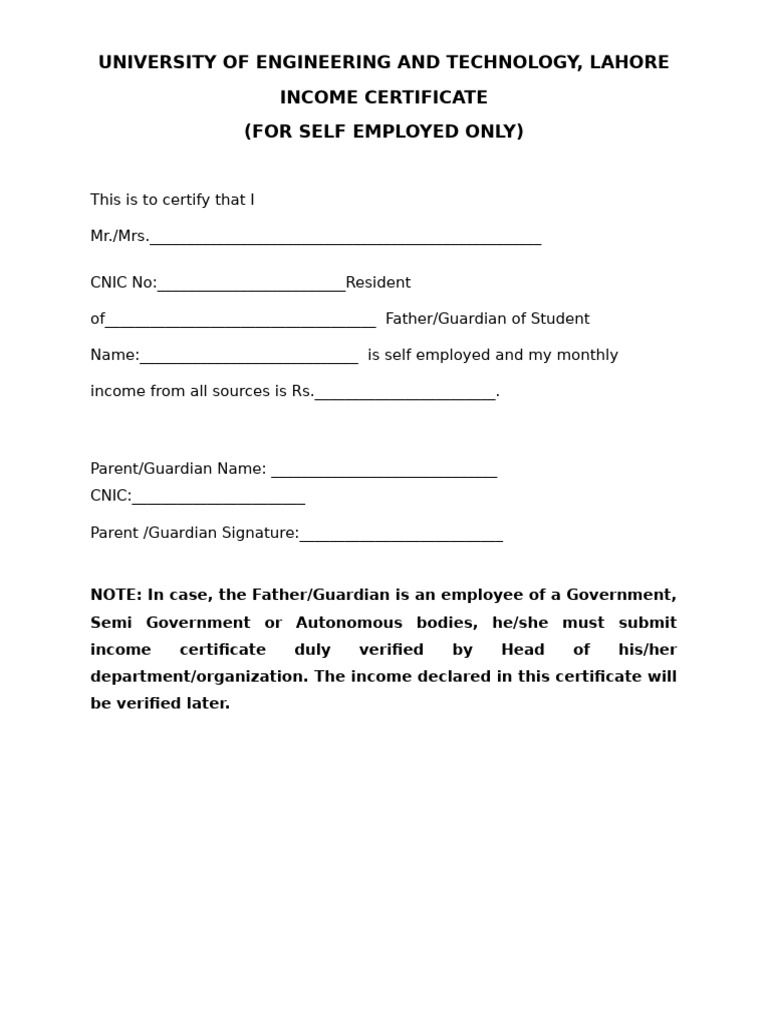 Income Certificate for Self Employed | PDF