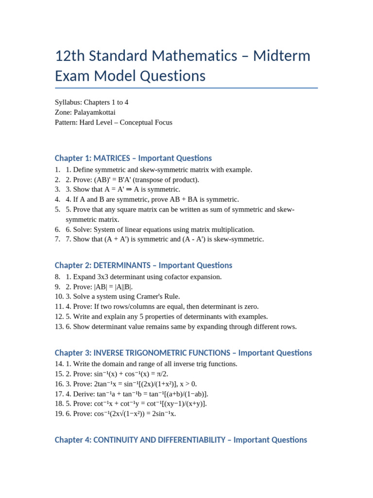 12th Maths Midterm Model Questions Palayamkottai | PDF