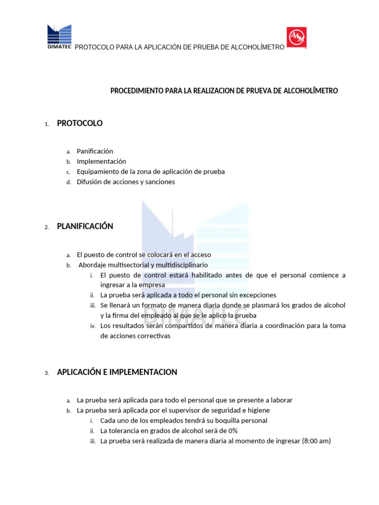 Formato de Protocolo Alcolimetro | PDF