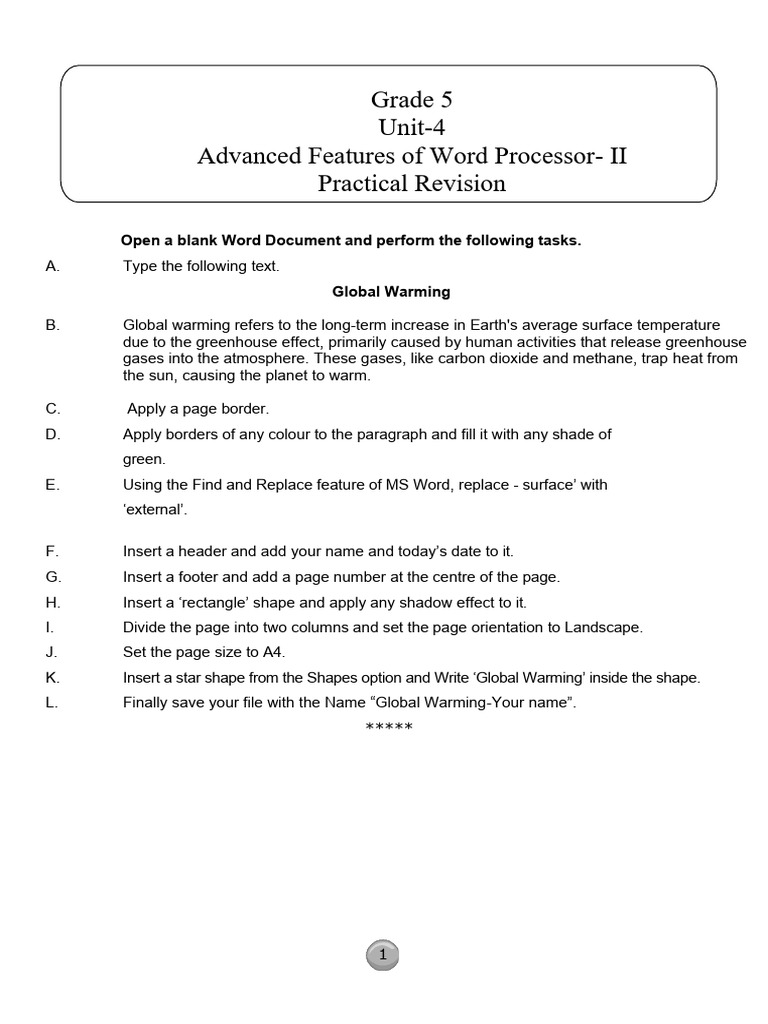GR 5-COMPUTER - Advanced Features of Word Processor - Practical Revision (N) | PDF