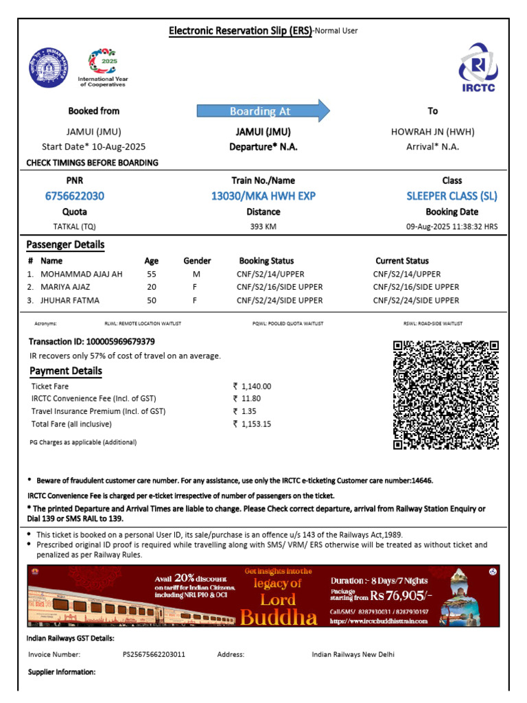 Electronic Reservation Slip for Train Booking | PDF | Identity Document ...