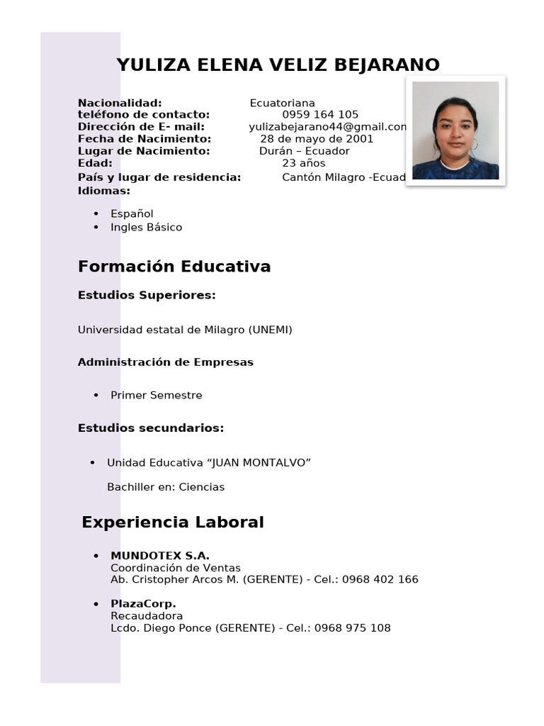 Hoja de Vida Yuliza Veliz Bejarano 2025 | PDF