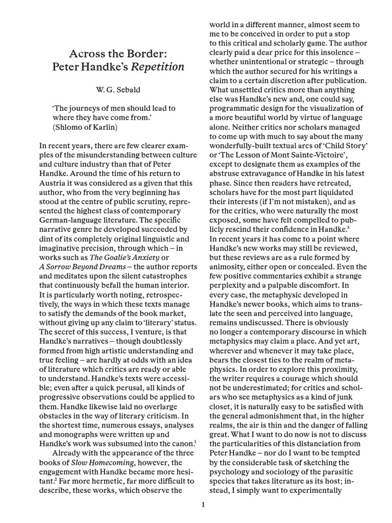 Across The Border - Peter Handke's Repetition | PDF