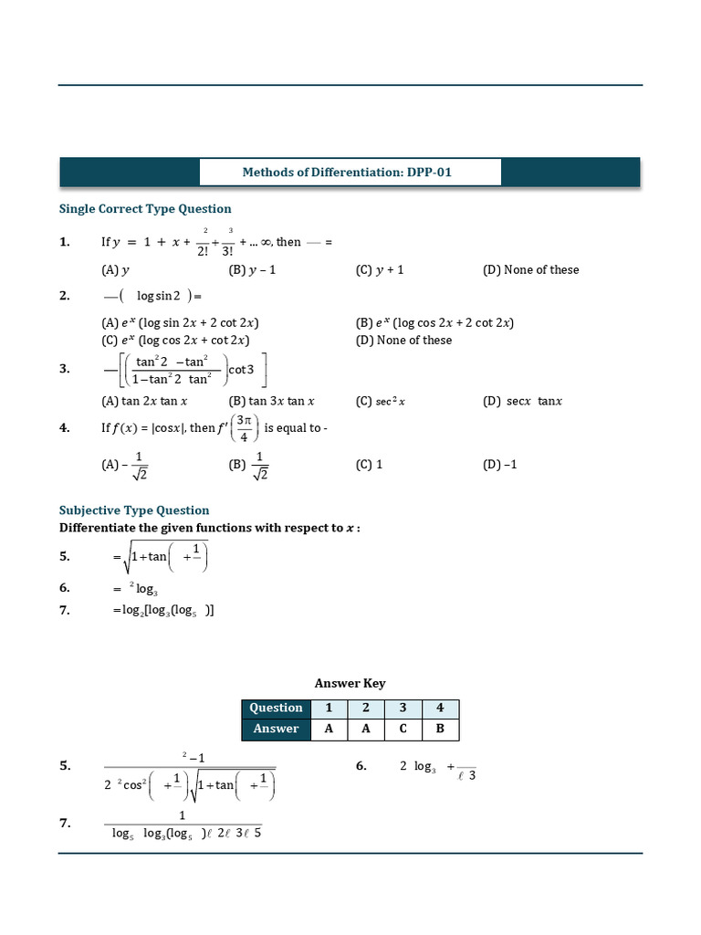 Methods of Differentiation Questions and Answers | PDF | Mathematical ...