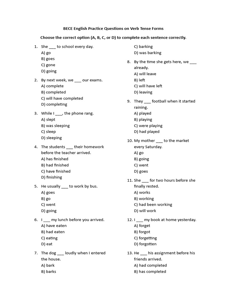 BECE English Practice Questions On Verb Tense Forms | PDF