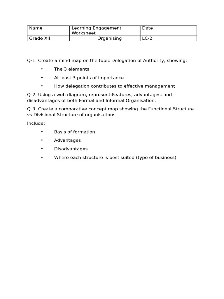 Organising Learning Engagement Worksheet | PDF