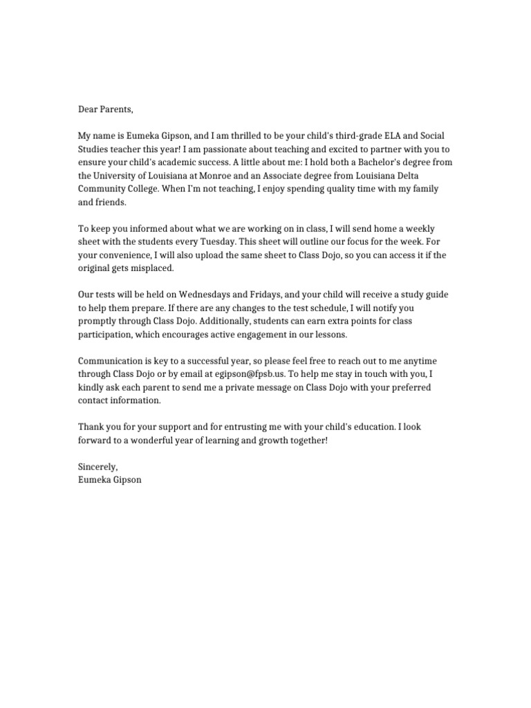 Welcome Letter Parents Gold Group | PDF