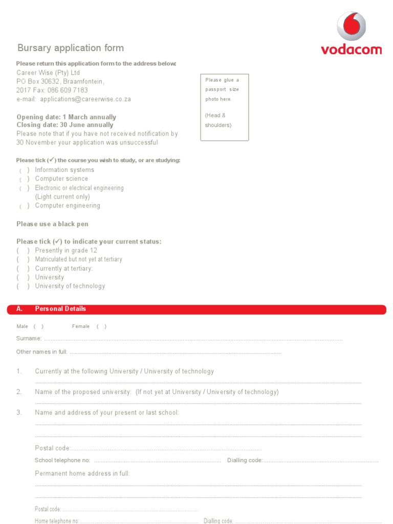 Vodacom Bursary Application Form 2012 | PDF | Schools | Further Education