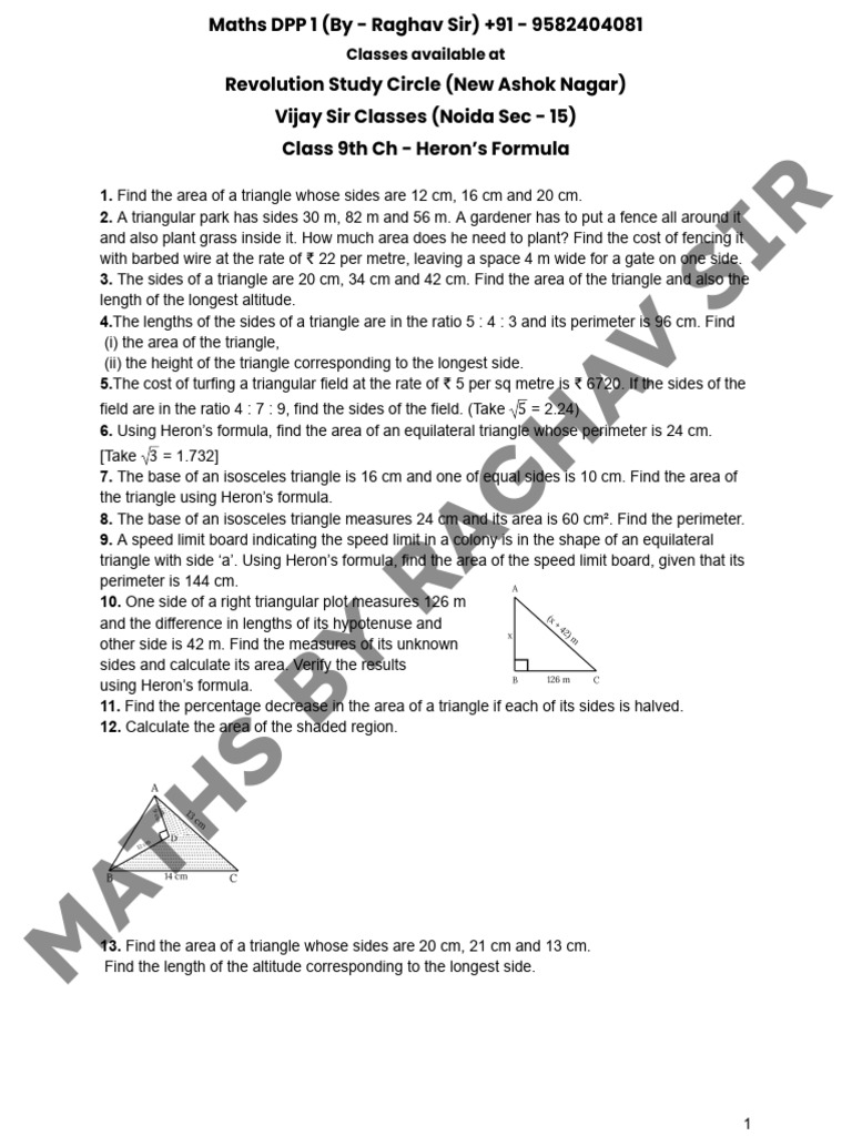 Class 9 Heron's Formula Exercises | PDF | Area | Triangle