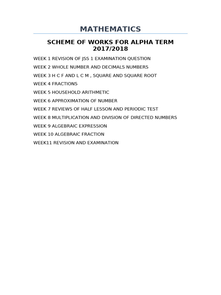 JSS1 First Term Maths Scheme of Work | PDF