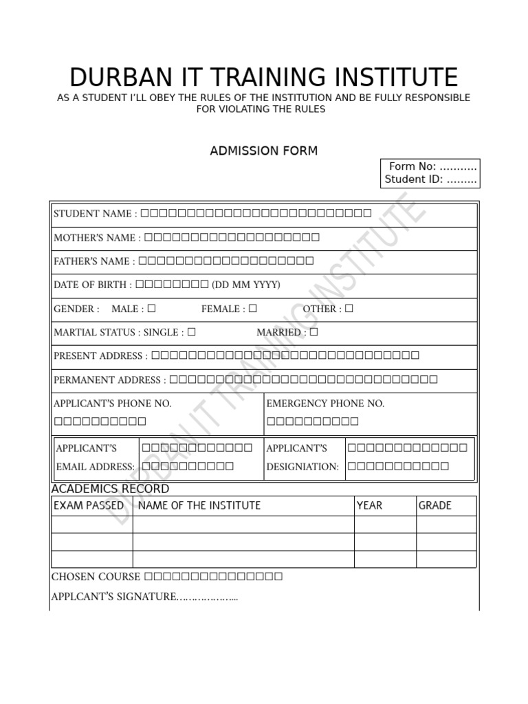 Durban IT Training Institute Admission Form | PDF